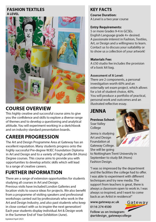 Fashion Textiles A Level – Gateway College