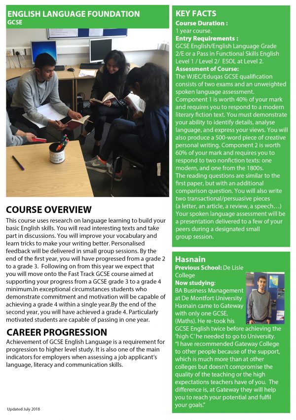 English GCSE Foundation – Gateway College