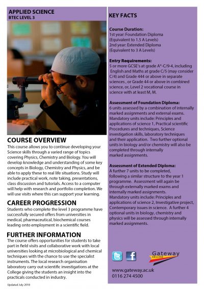 Applied Science BTEC Level 3 – Gateway College
