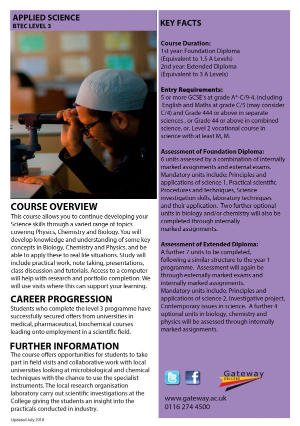 Applied Science BTEC Level 3 – Gateway College