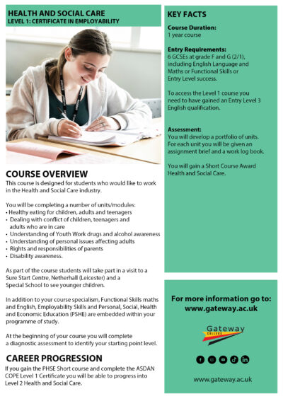 Health and Social Care Level 1 Certificate in Employability – Gateway ...